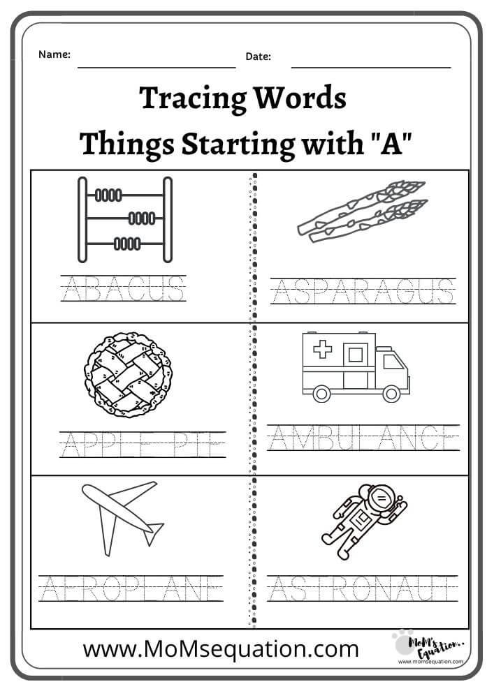 Learn, Trace & Identify The Words Begin With "A" worksheets - Mom'sEquation