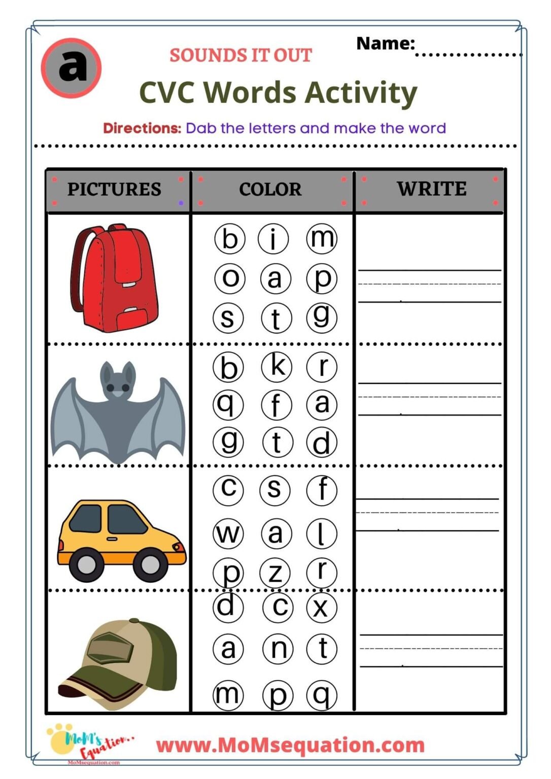 Phonics Activitiy Pack - CVC words For Kindergarten - Dab it!! - Mom ...