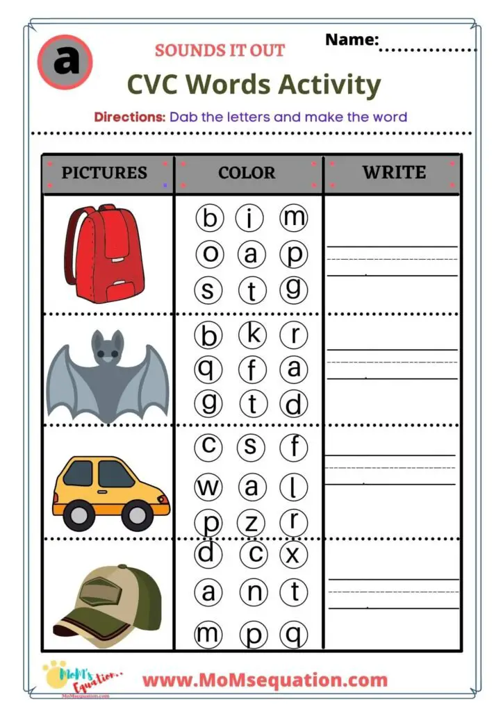 Phonics Activitiy Pack - CVC words For Kindergarten - Dab it!! - Mom ...