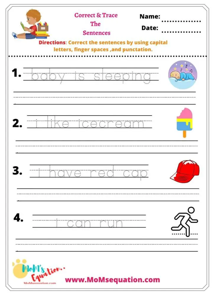 correct the sentences - Grammar worksheets for kindergarten - Mom'sEquation