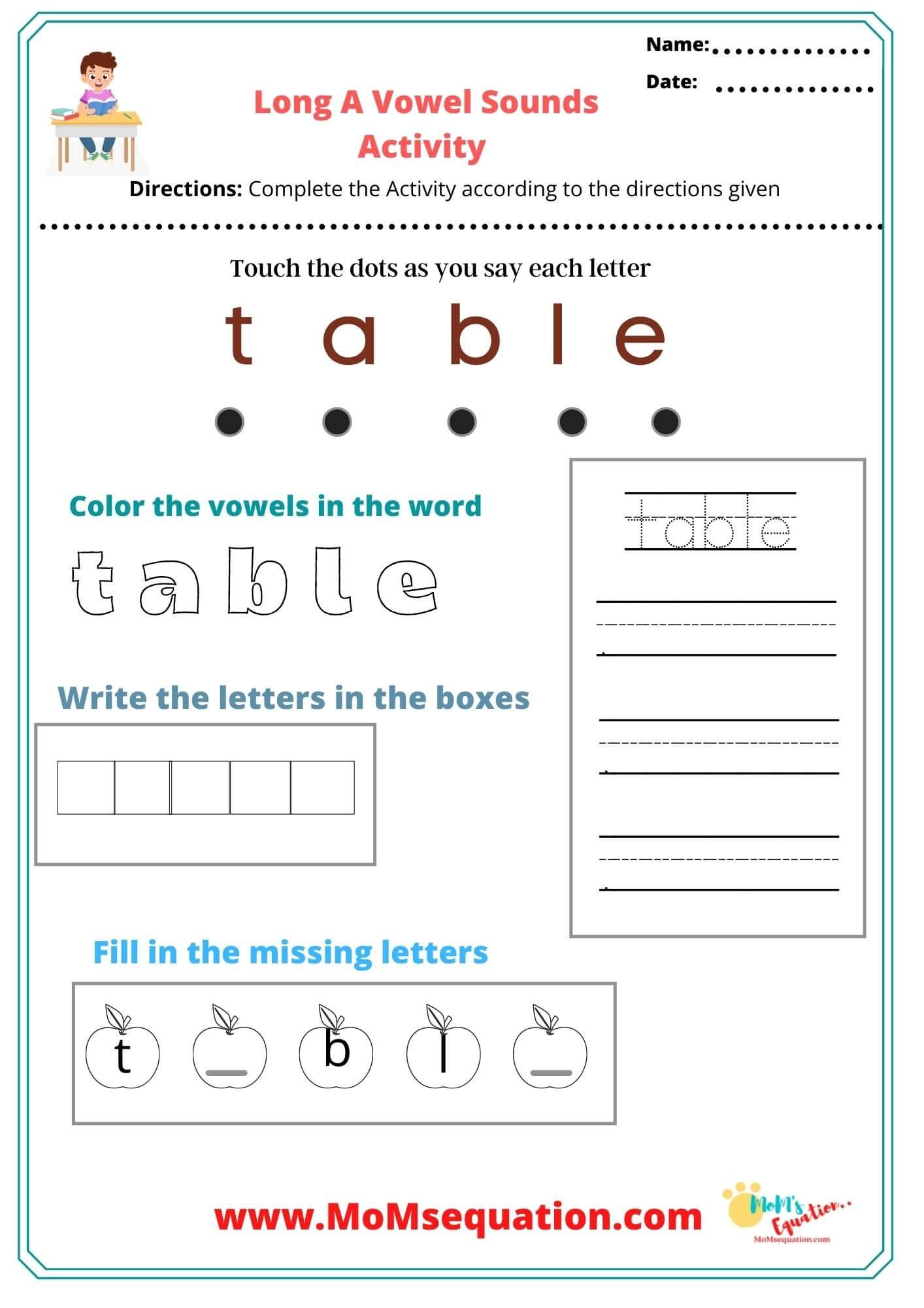 Long Vowel a words Activity - Fun workbook for kindergarten - Mom'sEquation