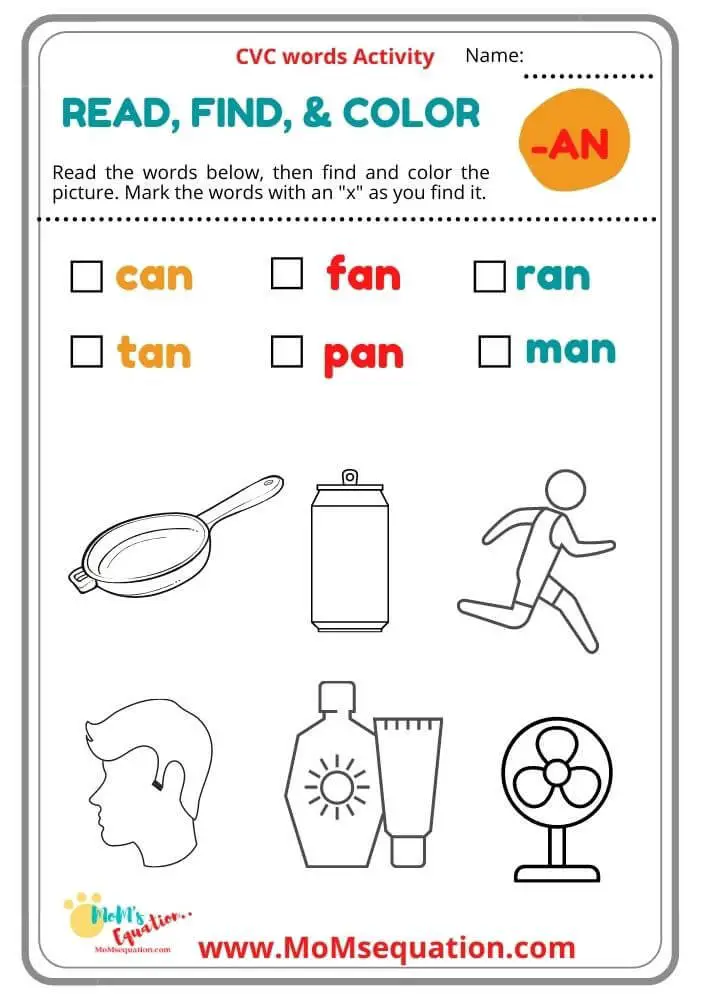 Read Find & Color CVC Words - Mom'sEquation
