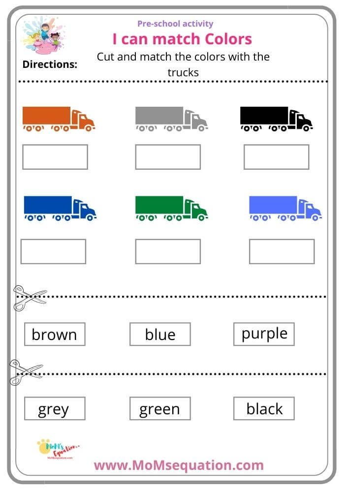I can Learn Colors With Trucks - Pre-School Worksheets - Mom'sEquation