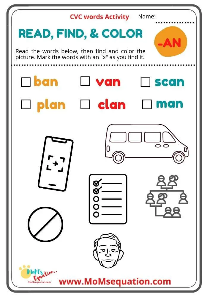 Read Find & Color CVC Words - Mom'sEquation