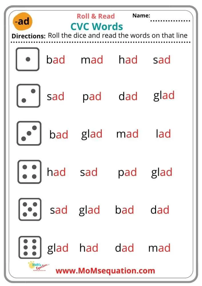 Roll & Read CVC words Worksheets - Mom'sEquation