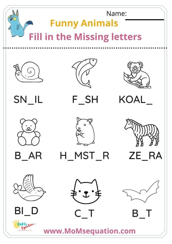 Animals Missing Letters Activity Worksheets - Mom'sEquation