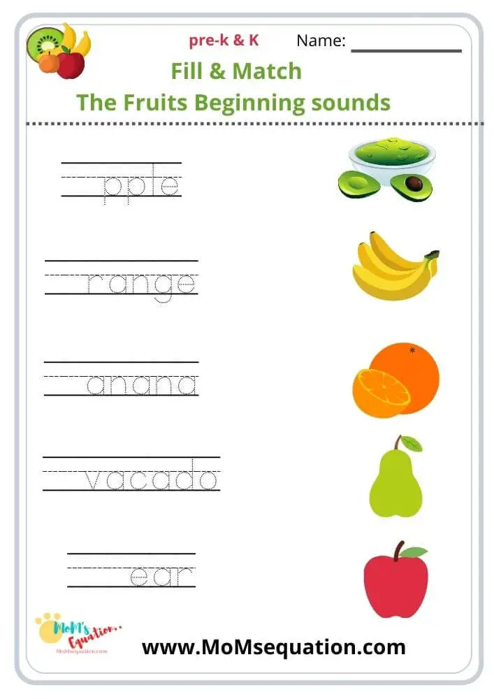 Fruit Words Beginning Sounds Worksheets For Kindergarten - Mom'sEquation