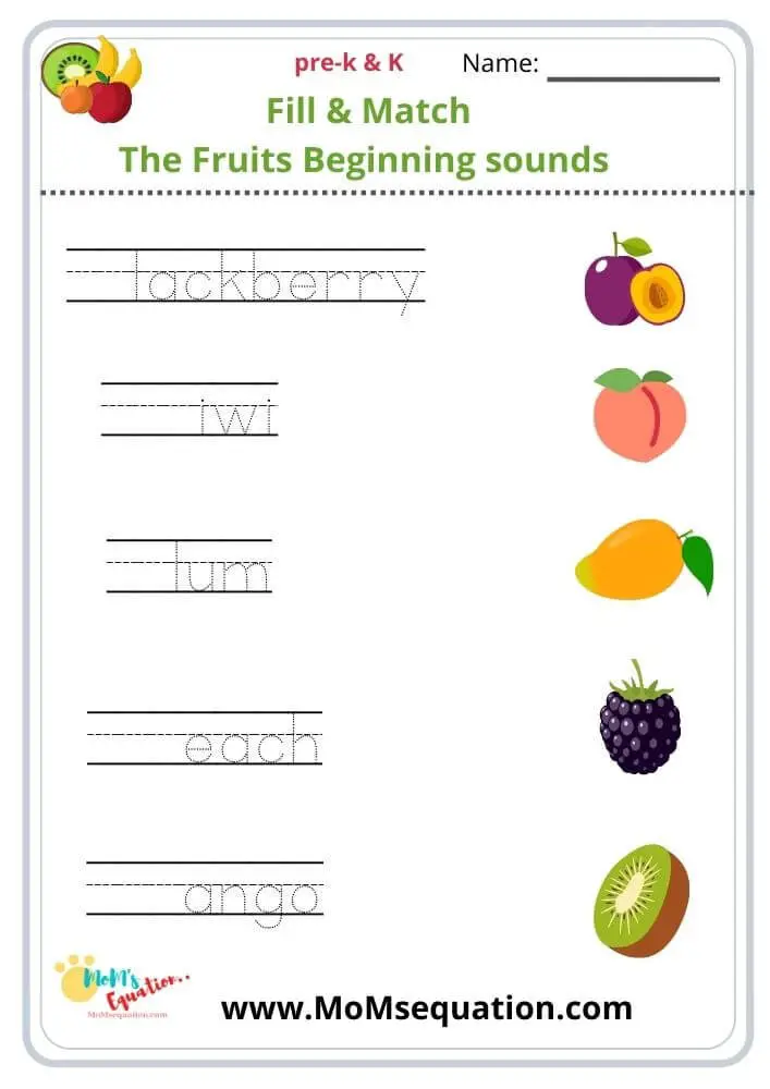 Fruit Words Beginning Sounds Worksheets For Kindergarten - Mom'sEquation