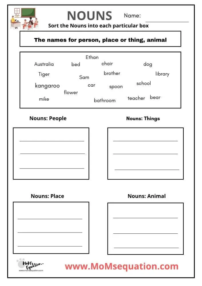Nouns Sorting worksheets For Grade 1,2 - Mom'sEquation