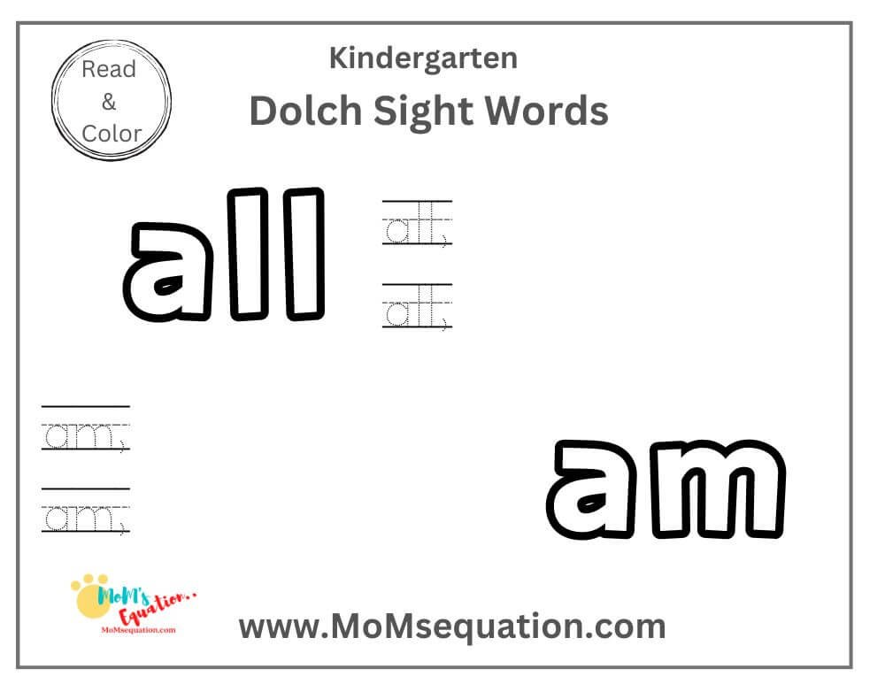 Trace and color Dolch sight words list for Kindergarten-52 sight words ...